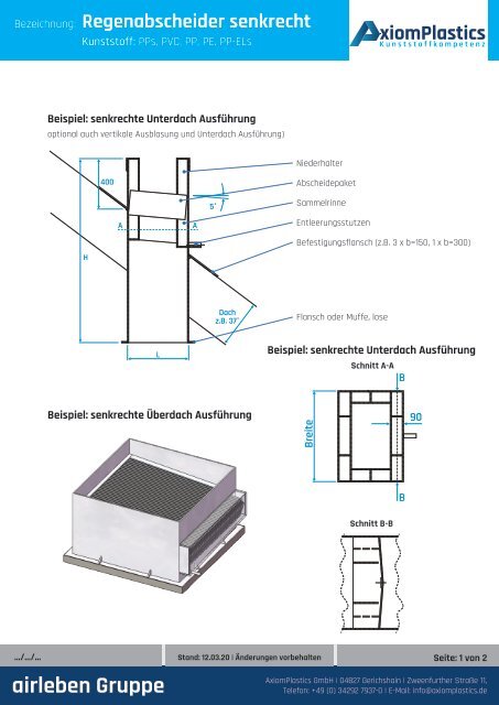 AxiomPlastics Regenabscheider Kunststoff Technisches Datenblatt