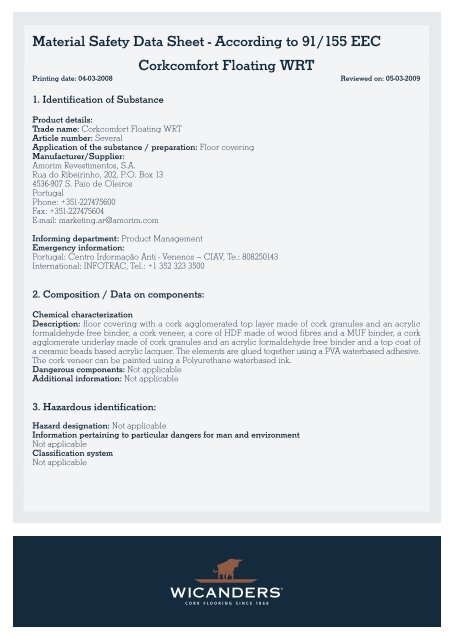 Material Safety Data Sheet - According to 91/155 ... - Cork Flooring