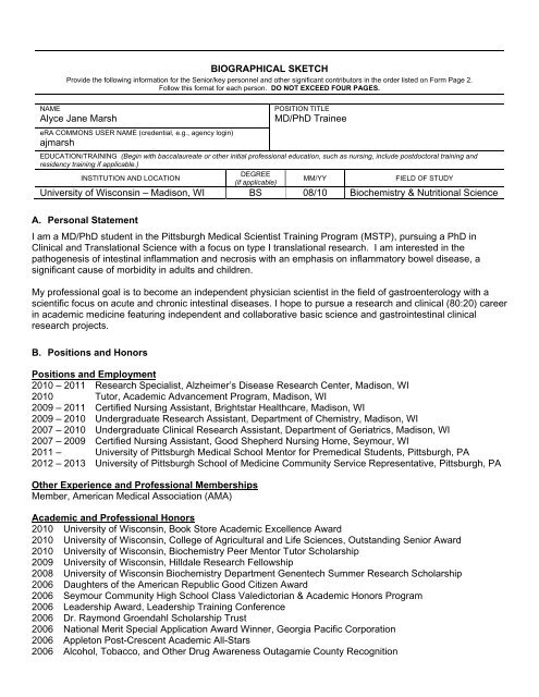 NIH Biosketch - University of Pittsburgh :: MSTP