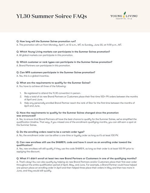 YL30 Summer Soiree FAQ PDF | Digital Library | Young Living