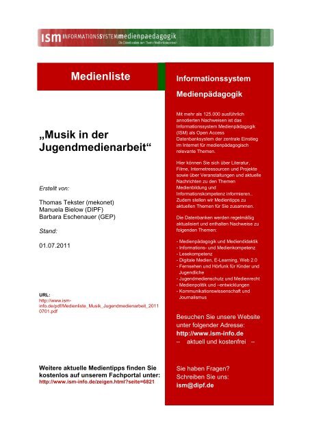 „Musik in der Jugendmedienarbeit“ Medienliste - Informationssystem ...