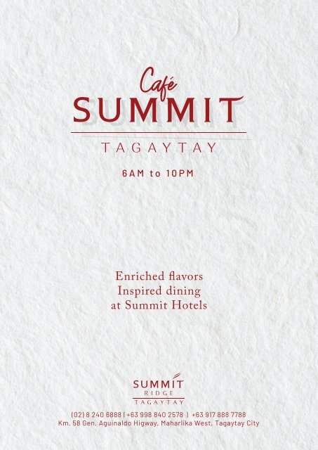Cafe Summit Tagaytay All-Day Dining Menu