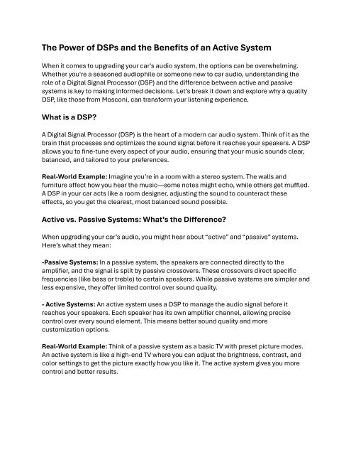 The Power of DSPs and the Benefits of an Active System