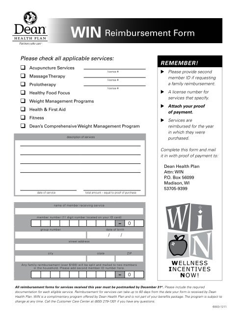 WIN Reimbursement Form - Dean Health System