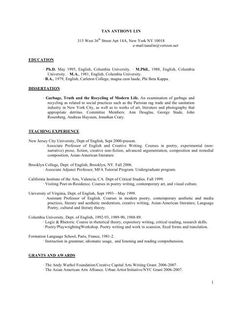 tan anthony lin - Electronic Poetry Center