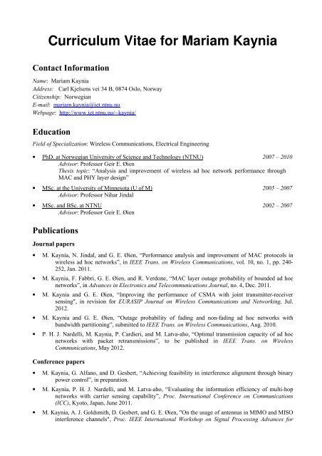 Curriculum Vitae for Mariam Kaynia - NTNU