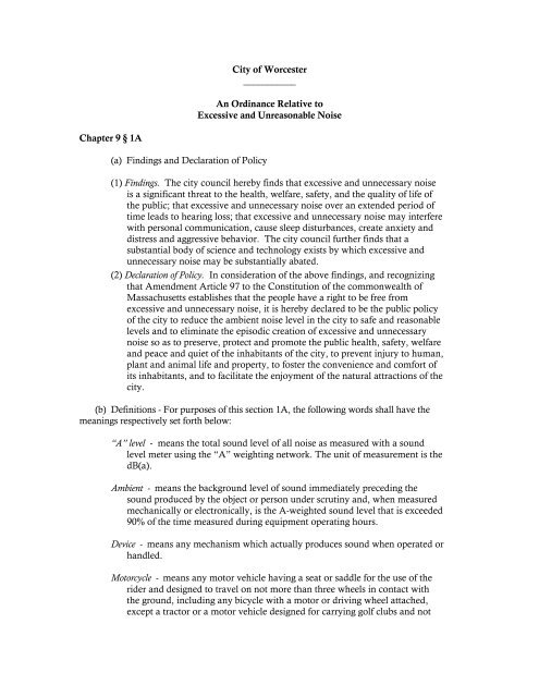 Excessive & Unreasonable Noise Ordinance - City of Worcester
