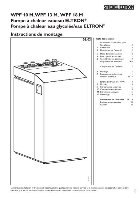 WPF 10 M, WPF 13 M, WPF 18 M Pompe à chaleur ... - Stiebel Eltron