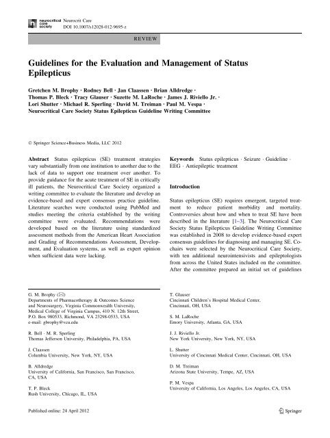 Guidelines for the Evaluation and Management of Status Epilepticus