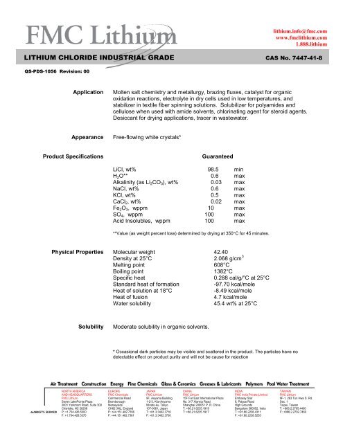 LITHIUM CHLORIDE INDUSTRIAL GRADE - FMC Lithium