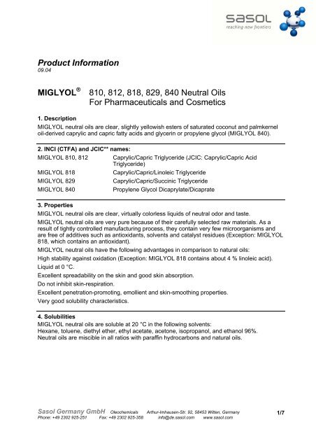 Product Information MIGLYOL® 810, 812, 818, 829, 840 Neutral Oils ...