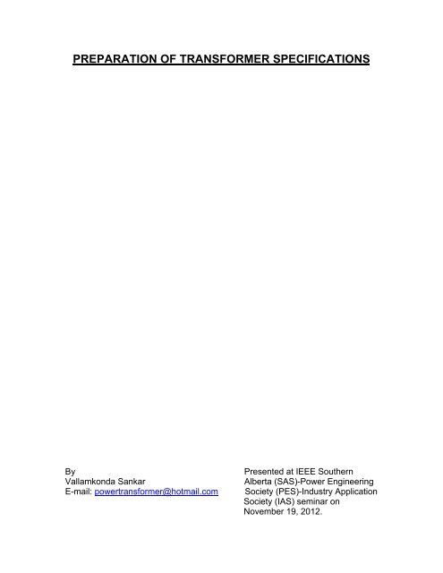 preparation of transformer specifications - IEEE Southern Alberta