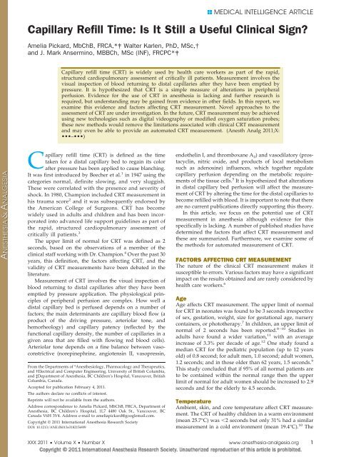 Capillary Refill Time - Anesthesia & Analgesia