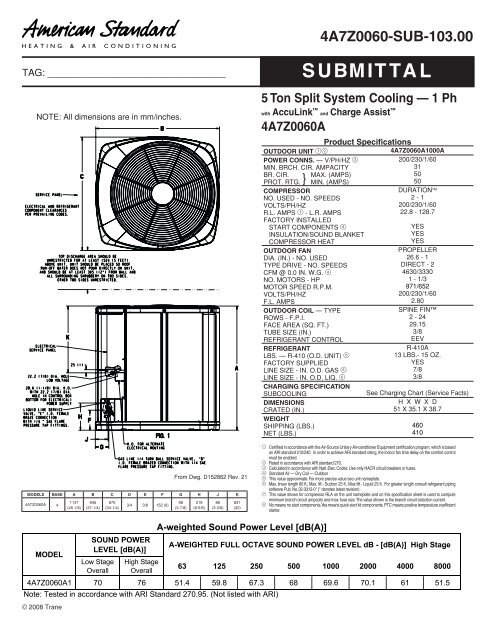 American Standard Submittal 5 Ton Split System Cooling 1 Ph with ...