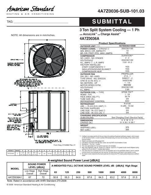 American Standard Submittal 3 Ton Split System Cooling 1 Ph with ...