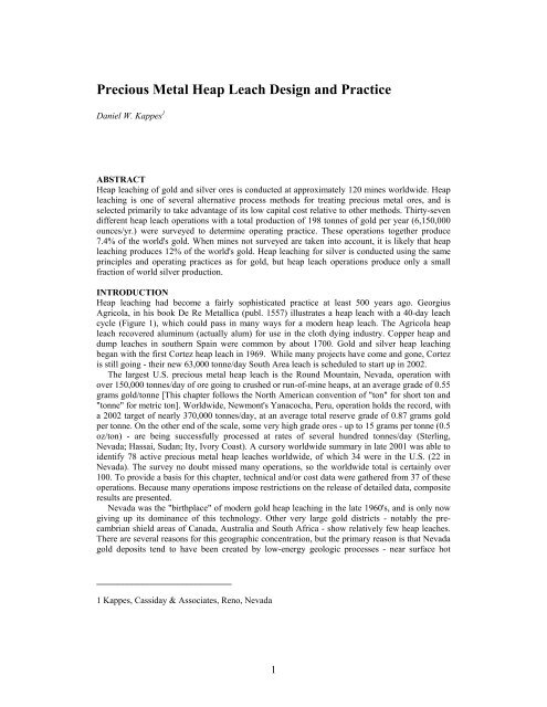 Precious Metal Heap Leach Design and Practice - Kappes ...