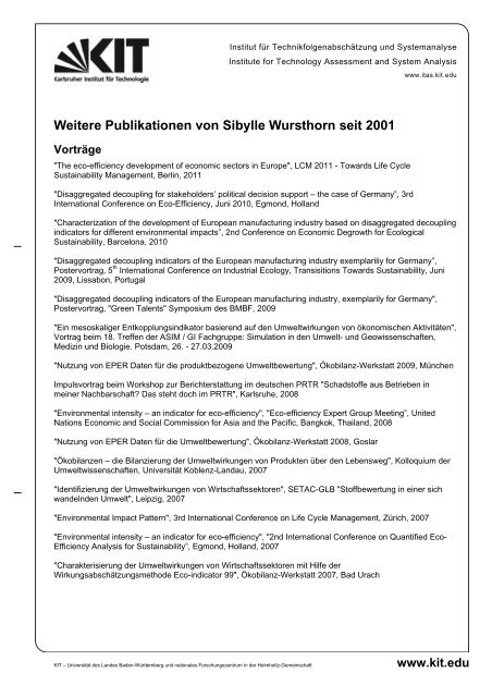 Weitere Publikationen von Sibylle Wursthorn seit 2001 - ITAS - KIT