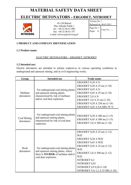 material safety data sheet electric detonators - ergodet, nitrodet