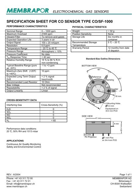 specification sheet for co sensor type co/sf-1000 - Membrapor