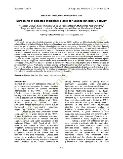 Screening of selected medicinal plants for urease inhibitory