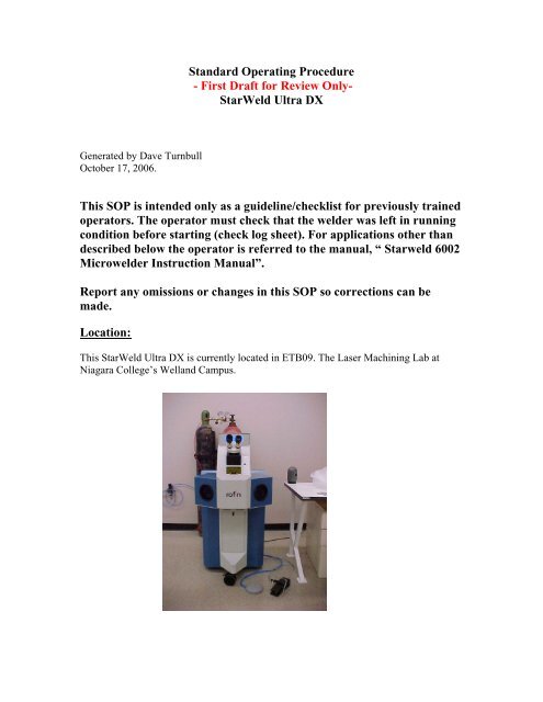 Standard Operating Procedure - Technology - Niagara College