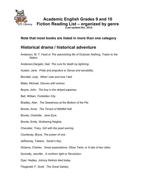 Academic English Grades 9 and 10 Fiction Reading List – organized ...