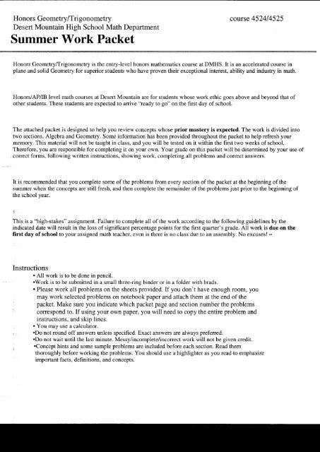 Summer Work Packet Desert Mountain High School