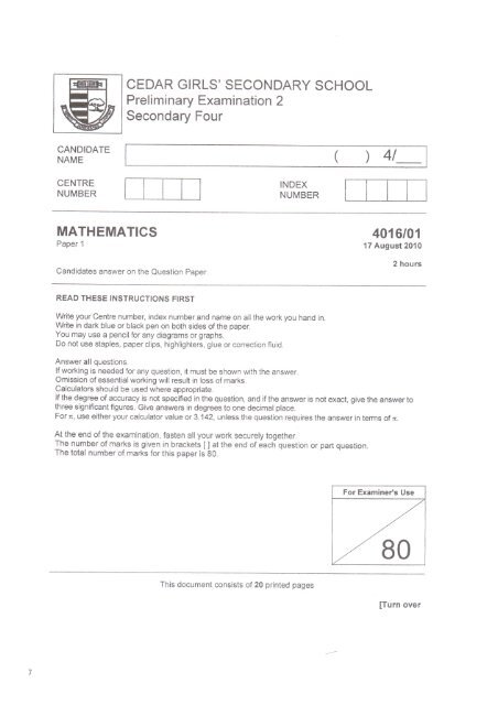 CEDAR GIRLS' SECONDARY SCHOOL - Singapore Math Problems