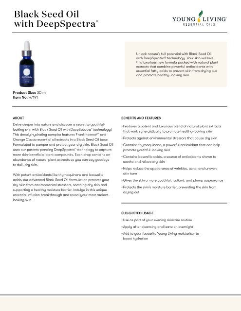 Black Seed Oil with DeepSpectra® Product Information Page (PIP)