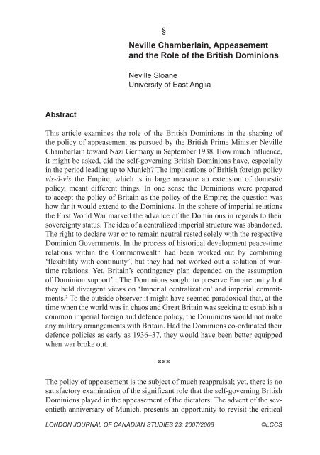 Neville Chamberlain, Appeasement and the Role of the - London ...