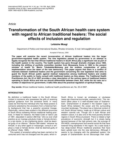Transformation of the South African health care system with regard ...