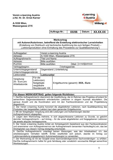 Muster Werkvertrag - Verein ECDL an Schulen