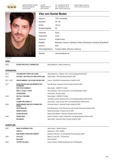 Vita von Daniel Buder - Creative Movie Actors