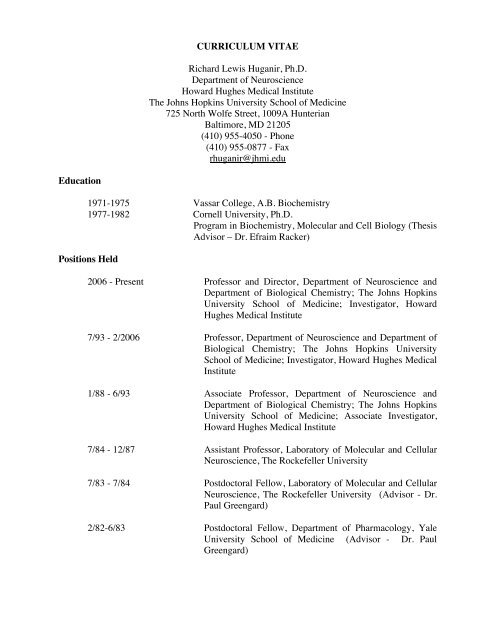 CURRICULUM VITAE Richard Lewis Huganir, Ph.D. Department of ...