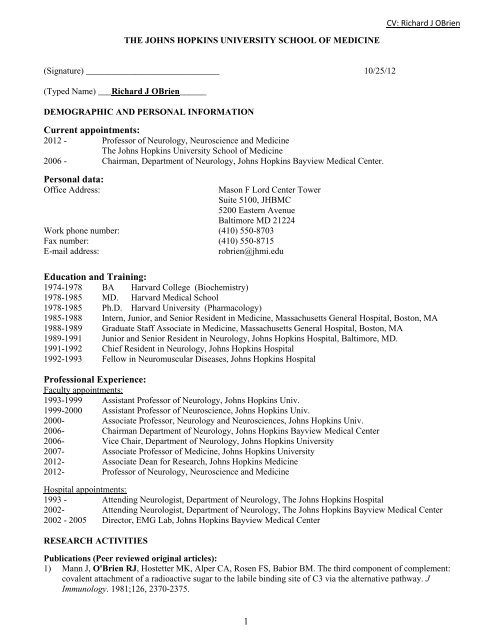 Richard O'Brien Curriculum Vitae - Johns Hopkins Medical Institutions
