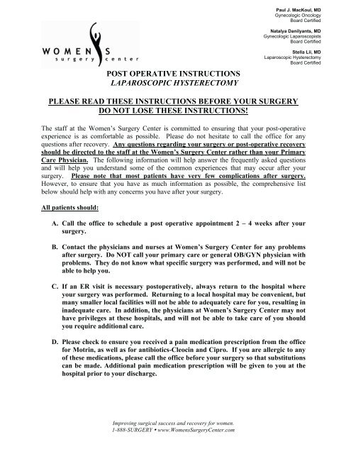 post operative instructions laparoscopic hysterectomy - Women's ...