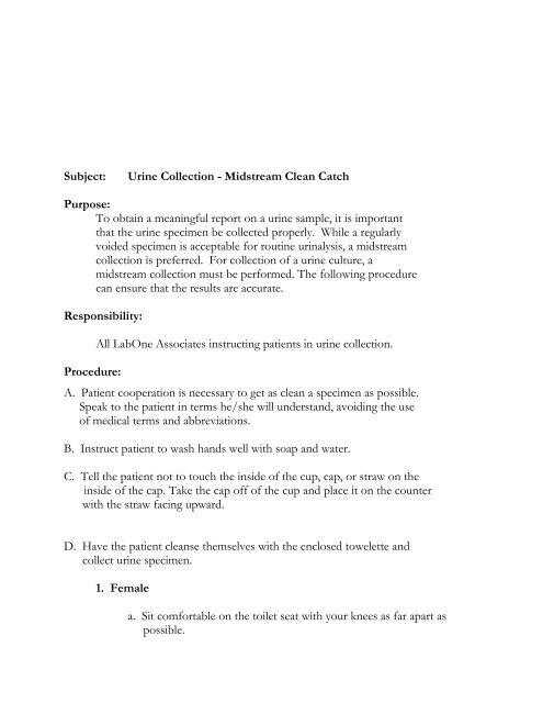 Subject Urine Collection Midstream Clean Catch Purpose To