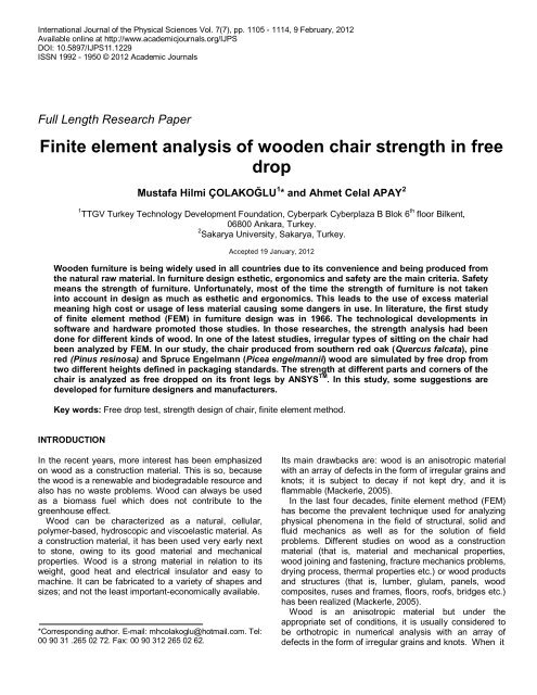 Finite element analysis of wooden chair strength in free drop
