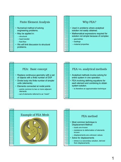 Finite Element Analysis Why FEA? FEA: Basic concept FEA vs ...