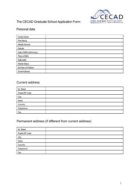 The CECAD Graduate School Application Form: Personal data ...