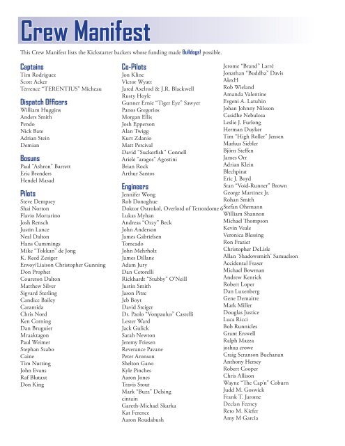 Crew Manifest - Galileo Games
