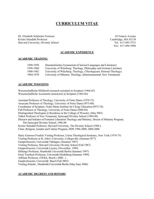curriculum vitae - Harvard Divinity School - Harvard University