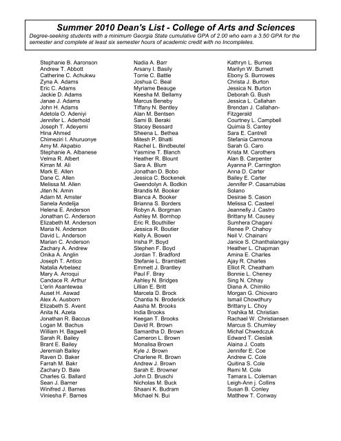 Summer 2010 Dean's List - College of Arts and Sciences