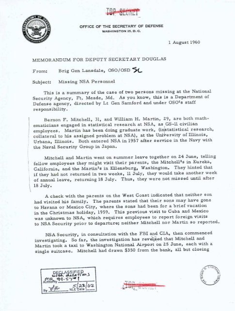 Eisenhower Library: Memorandum Regarding Missing NSA Personnel