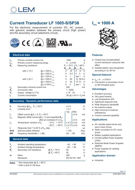 Current Transducer LF 1005-S/SP38 IPN = 1000 A