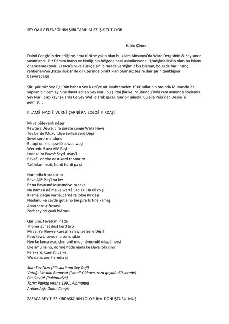Sey Qaji geleneğinin şiiri tarihimize ışık tutuyor (PDF - Zazaki.de