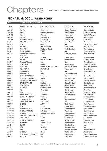 MICHAEL McCOOL. RESEARCHER - Chapters