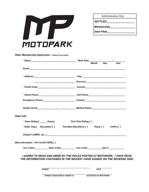 Waiver for riders under the age of 18 - Motopark