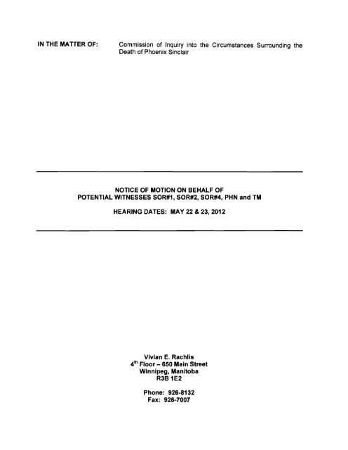 Notice of Motion - Phoenix Sinclair Inquiry