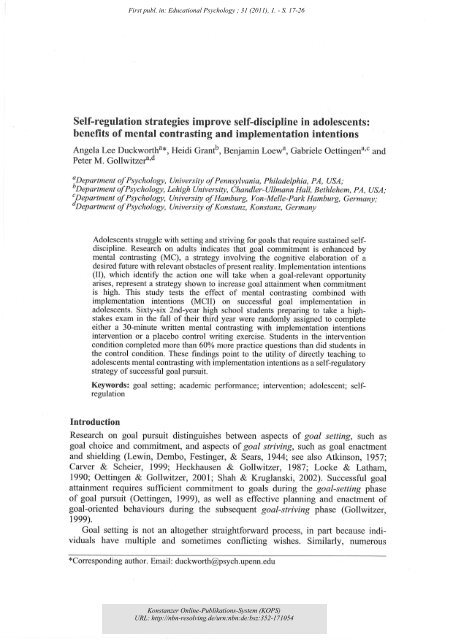 Benefits of mental contrasting and implementation intentions - KOPS